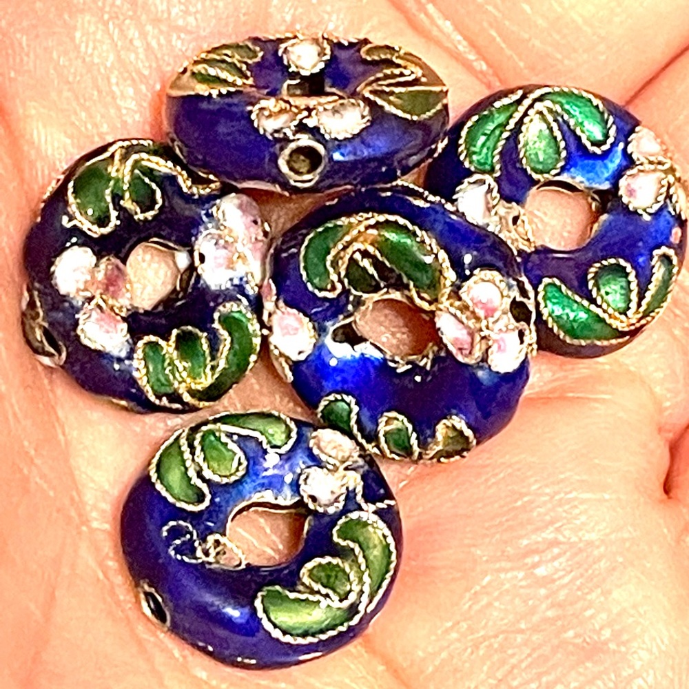 6 Blue Cloisonn Donut Coin Beads - Gem